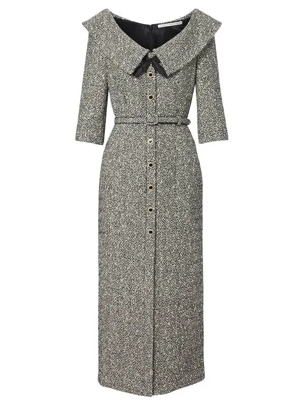 Alessandra Rich Belted Cotton And Wool-blend Tweed Midi Dress - Black