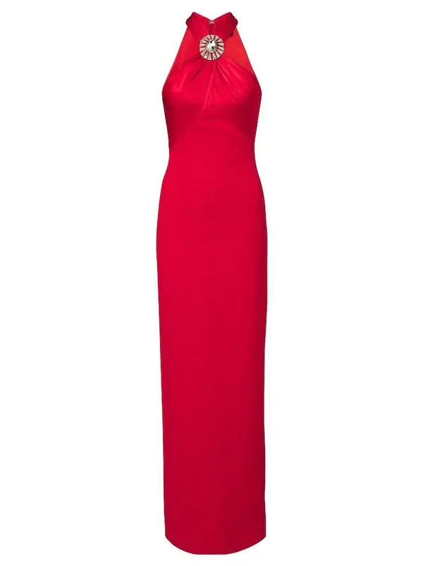 David Koma Embellished Halterneck Satin-trimmed Gown - Red
