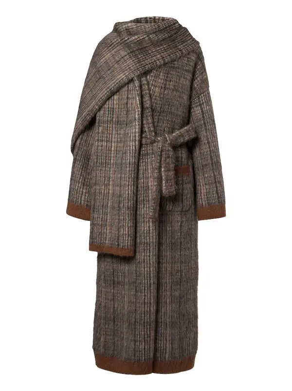 Brunello Cucinelli Checked Scarf-detail Mohair-blend Wrap Coat - Grey