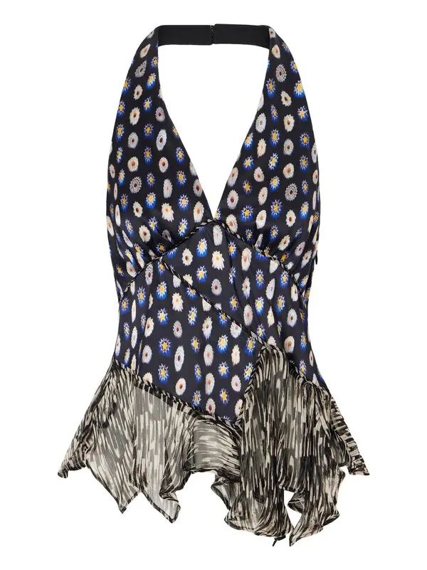 Staud Maeva Ruffled Printed Silk-blend Voile Halterneck Top - Black