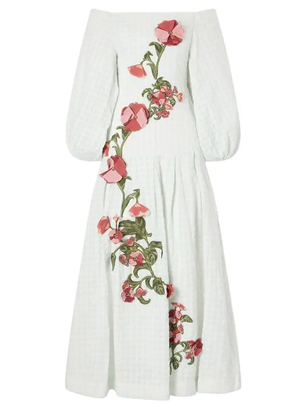 Agua Bendita Checked Linen Maxi Dress With Floral Appliqu - Blue