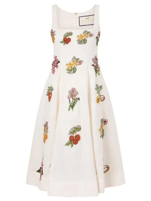 Agua Bendita Frontera Embellished Linen Midi Dress - Neutrals