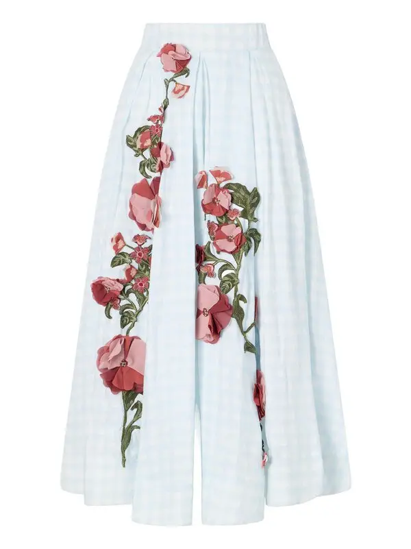 Agua Bendita Delta Floral-appliqué Checked Linen Maxi Skirt - Blue