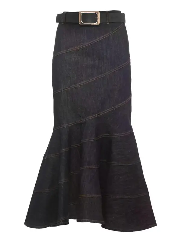 SELF-PORTRAIT Belted Denim Midi Skirt - Blue