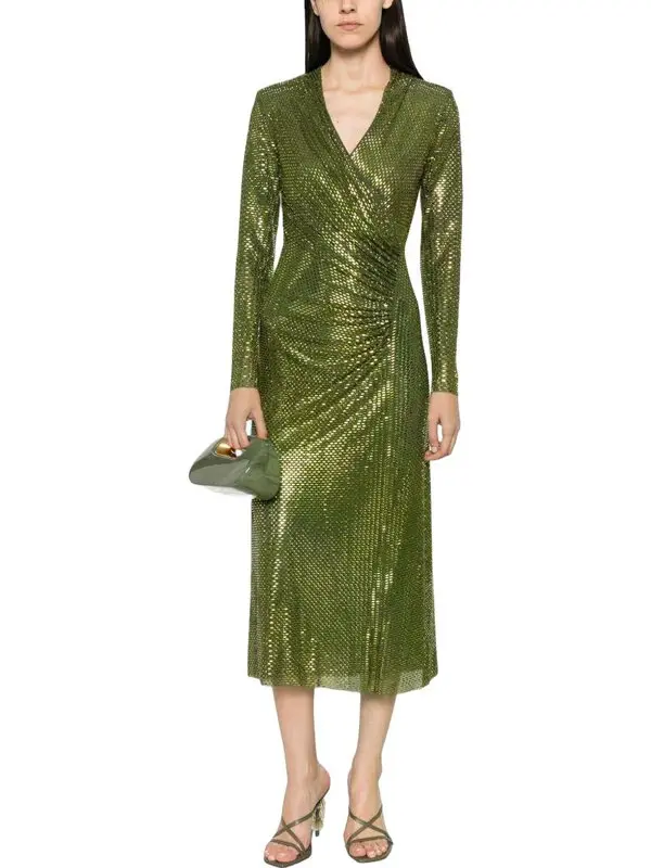 SELF-PORTRAIT Rhinestone Embellished Ruched Midi Dress - Green