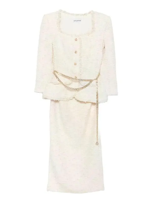 SELF-PORTRAIT Bouclé Midi Skirt And Jacket Set With Chain Belt - Neutrals