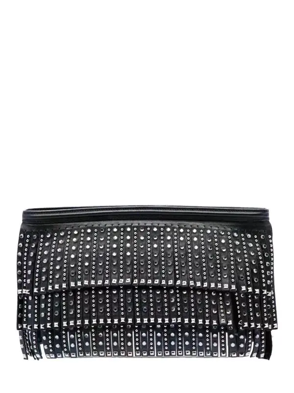 Prada Leather Crystal Embellished Fringe Clutch Bag - Black