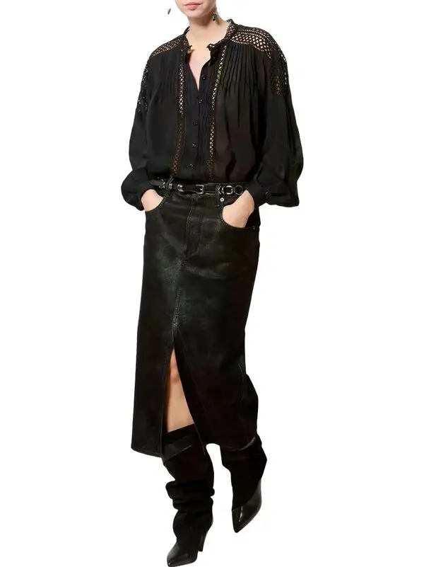 MARANT ETOILE Bisane Weathered-effect Midi Skirt - Black