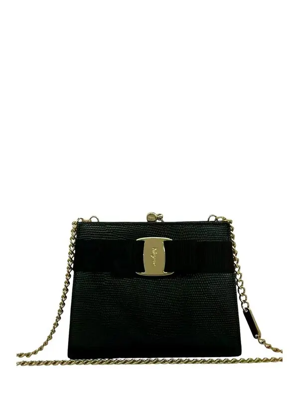 FERRAGAMO Lizard Embossed Leather Vara Chain Crossbody Bag - Black