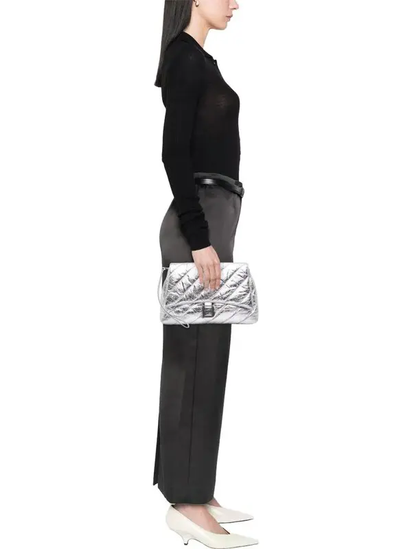 Balenciaga 2010 Medium Metallic Calfskin Crush Pochette Clutch Bag - Silver