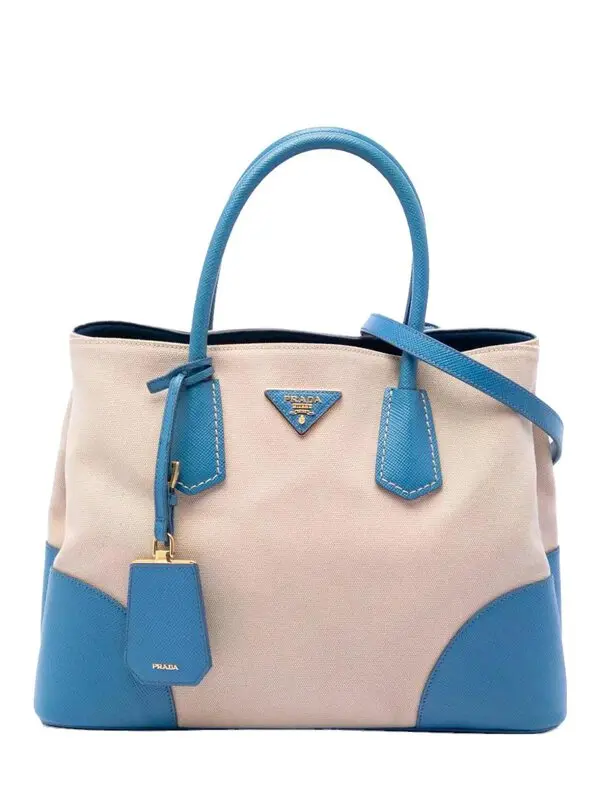 Prada Saffiano Cuir Trimmed Canvas Double Satchel - Neutrals