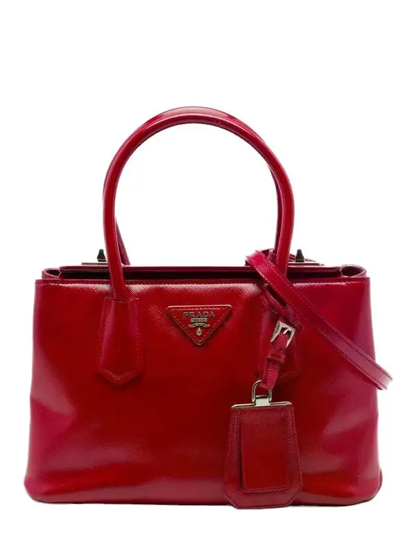 Prada 2013-2026 Small Saffiano Vernice Turnlock Twin Satchel - Red