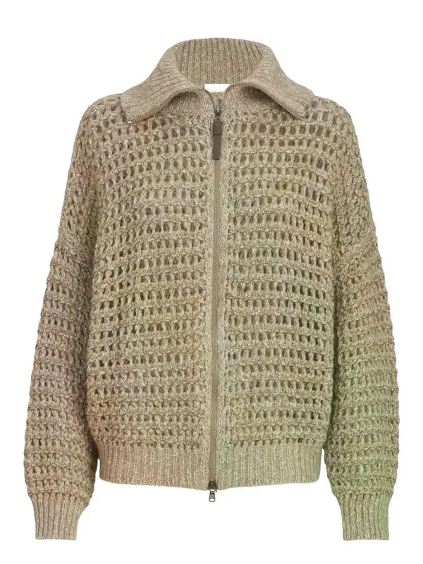 Brunello Cucinelli Dazzling Soft Virgin Wool And Cashmere Net Cardigan - Neutrals