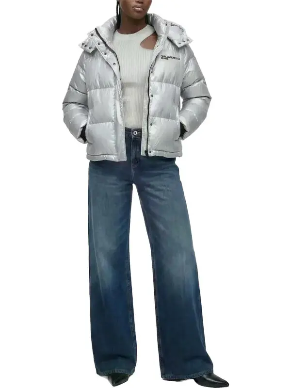 Karl Lagerfeld Cropped Shiny Puffer Jacket - Silver
