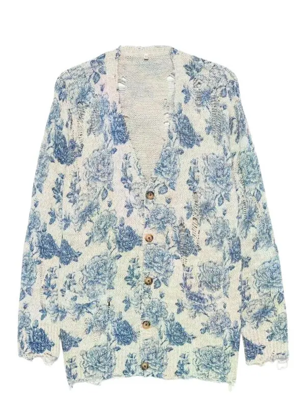 R13 Floral Print Distressed Cardigan - Neutrals