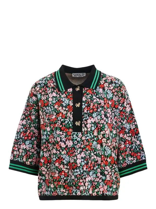 Essentiel Antwerp Floral-print Polo Top With Bow Detail - Black