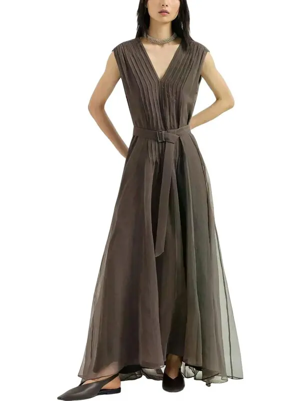 Brunello Cucinelli Crispy Silk Belted Maxi Dress With Pleated Detail And Precious Strap - Brown