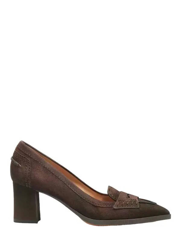 Santoni Suede Penny-slot Pointed-toe Block Heel Pumps - Brown