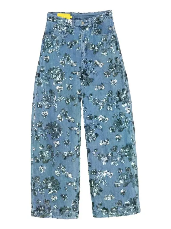 MARQUES' ALMEIDA Sequin Embroidered Wide Leg Jeans - Blue