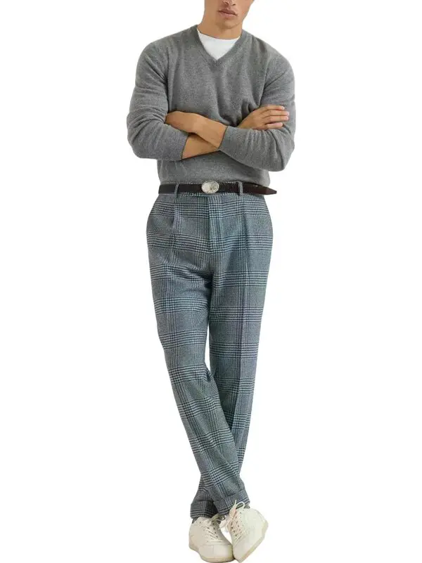 Brunello Cucinelli Prince Of Wales Flannel Trousers With Pleat - Blue