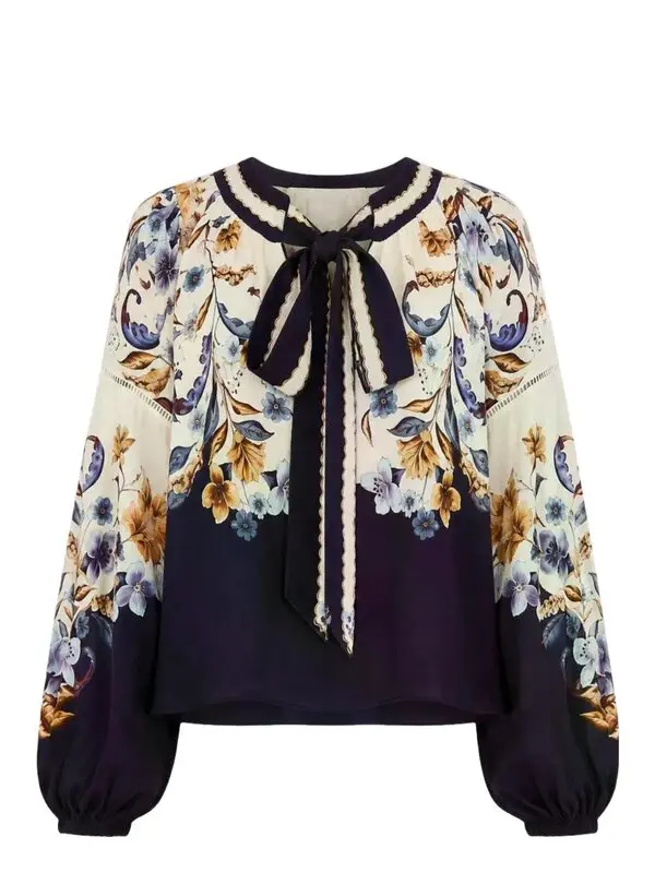 Farm Rio Floral Print Tie-neck Blouse - Neutrals