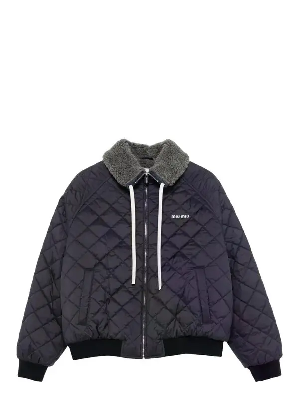 Miu Miu Quilted Bomber Jacket With Shearling Collar - Blue