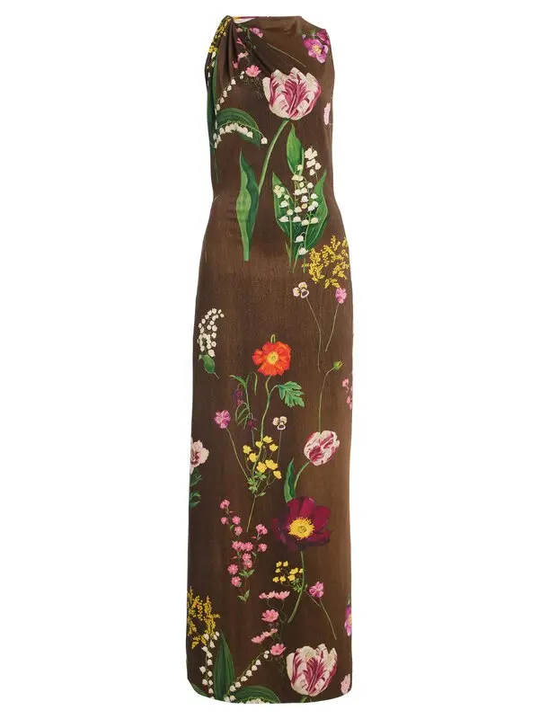 Oscar De La Renta Botanical Milano-jersey Maxi Dress - Brown