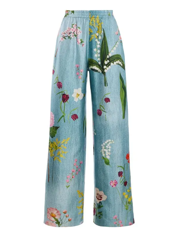 Oscar De La Renta Mixed Botanical Silk-twill Wide-leg Pants - Blue