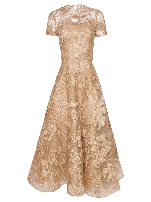 Naeem Khan Floral Raffia Cap Sleeve Midi Dress - Tan