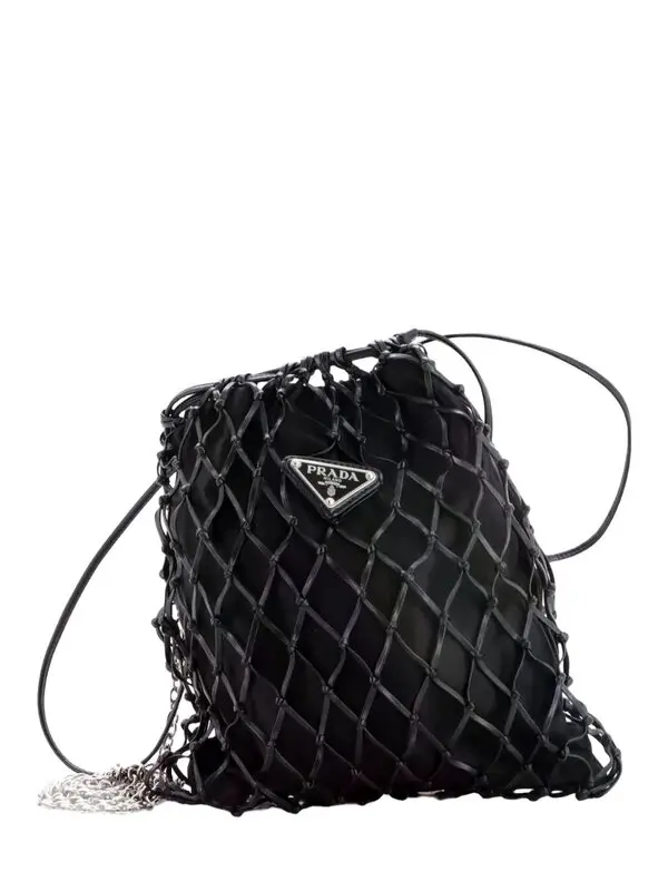Prada Woven Leather And Satin Bucket Bag With Fishnet Chain - Black