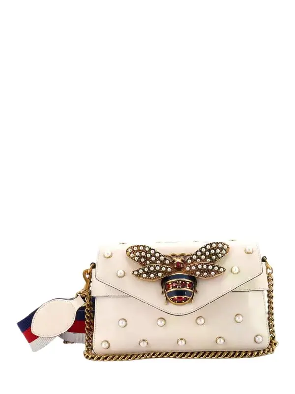 Gucci Broadway Pearly Bee Embellished Leather Mini Shoulder Bag - Neutrals