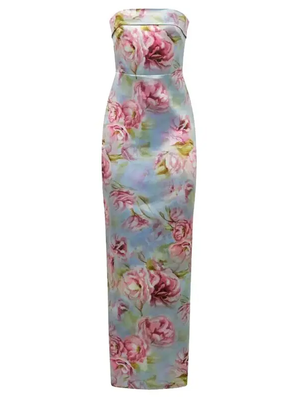 Theia Cleo Floral Print Strapless Maxi Dress - Blue