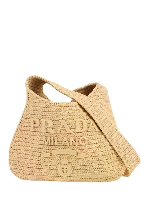 Prada Logo-embroidered Raffia Shoulder Bag - Neutrals
