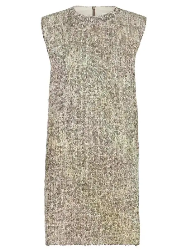 Brunello Cucinelli Dazzling Craquelé Embroidery Dress In Mohair And Wool - Neutrals