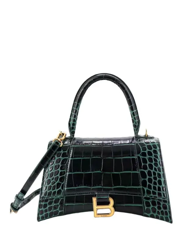 Balenciaga Hourglass Top Handle Bag Crocodile Embossed Leather Small Crossbody Bag - Green