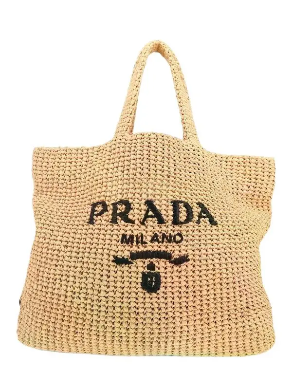 Prada Logo-embroidered Raffia Tote Bag - Neutrals