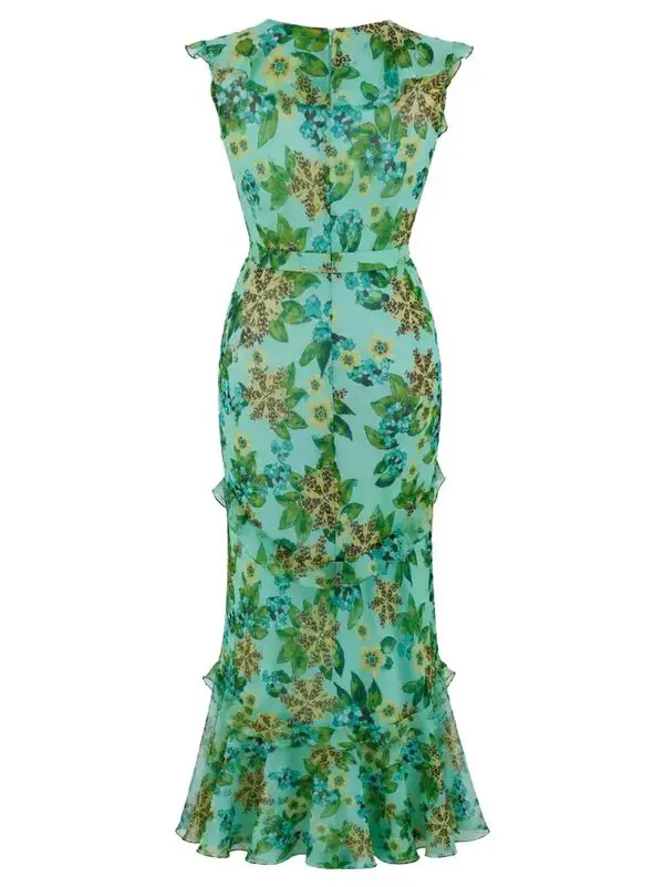 Saloni Rita Floral Print Ruffled Dress - Green