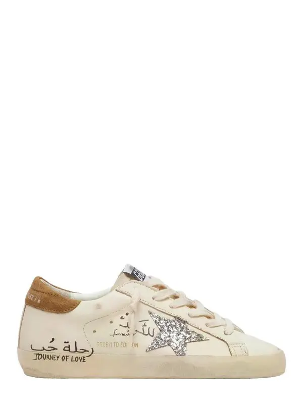 GOLDEN GOOSE Super-star Nappa Leather Sneakers With Silver Glitter Star And All-over Lettering - Neutrals