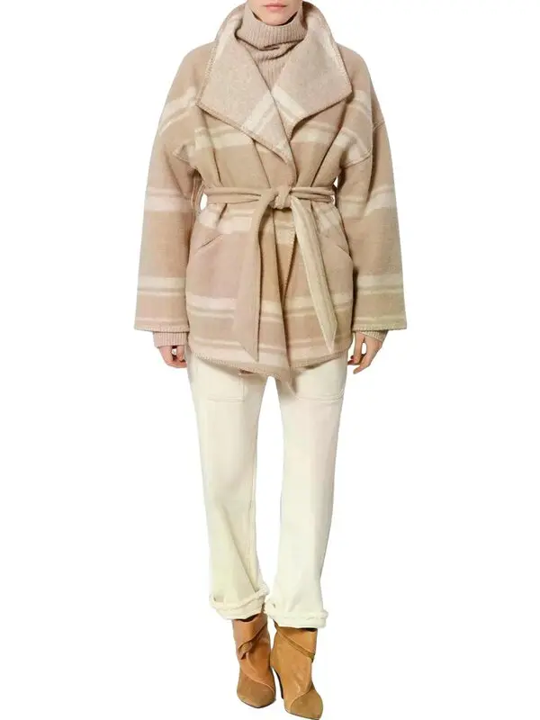 MARANT ETOILE Brea Horizontal-stripe Belted Coat - Neutrals