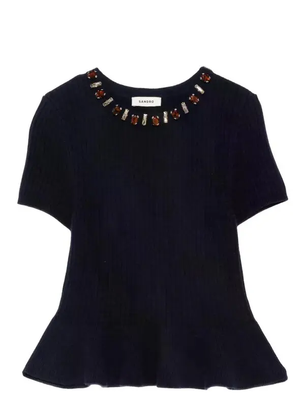 Sandro Ribbed Knit Crystal Embellished Peplum Top - Blue