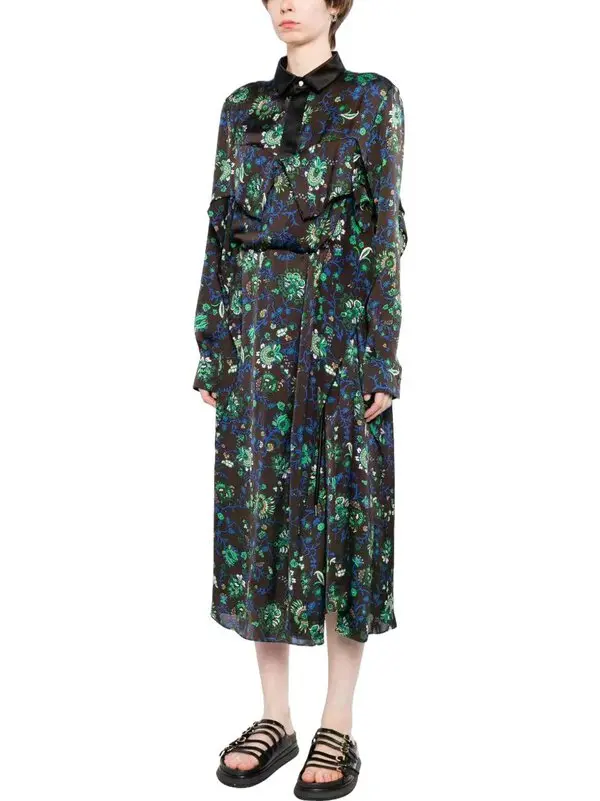 Sacai Floral-print Collared Long-sleeve Midi Dress - Brown