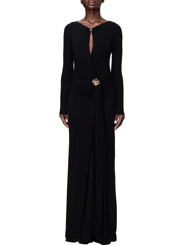 Elisabetta Franchi Long Sleeve Gown With Keyhole And Ruched Detailing - Black