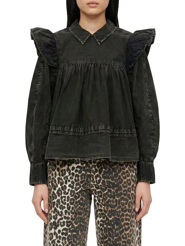 GANNI Organic Cotton Denim Blouse With Ruffled Shoulders - Black