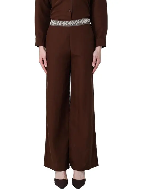 HANITA Linen Blend Wide Leg Trousers With Embroidery - Ebony
