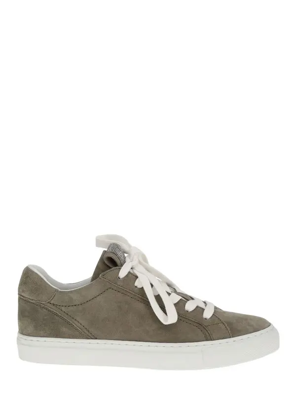 Brunello Cucinelli Suede And Calf Leather Lace-up Sneakers With Monili Embellishment - Brown