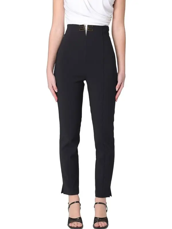 Elisabetta Franchi High-waisted Double Stretch Crepe Trousers With Metallic Logo - Black