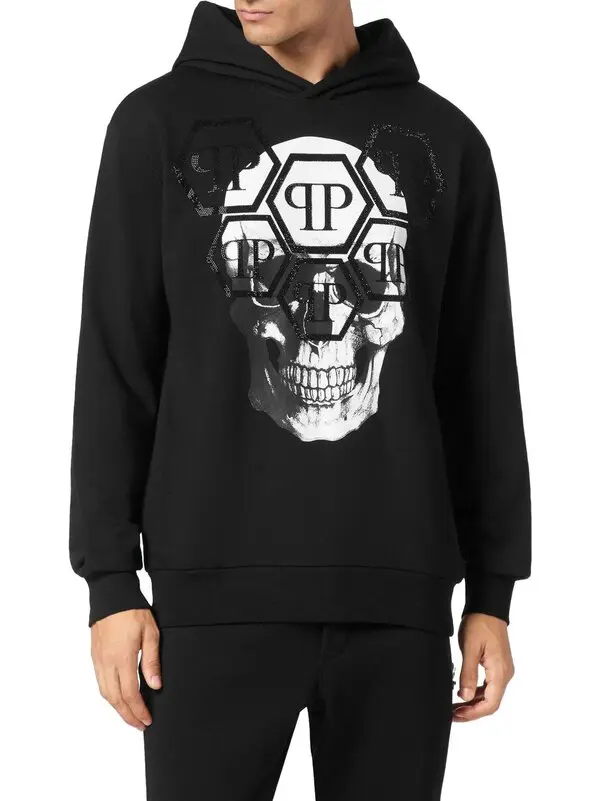 Philipp Plein Cotton Hoodie With Skull Print And Rhinestone Logo - Black