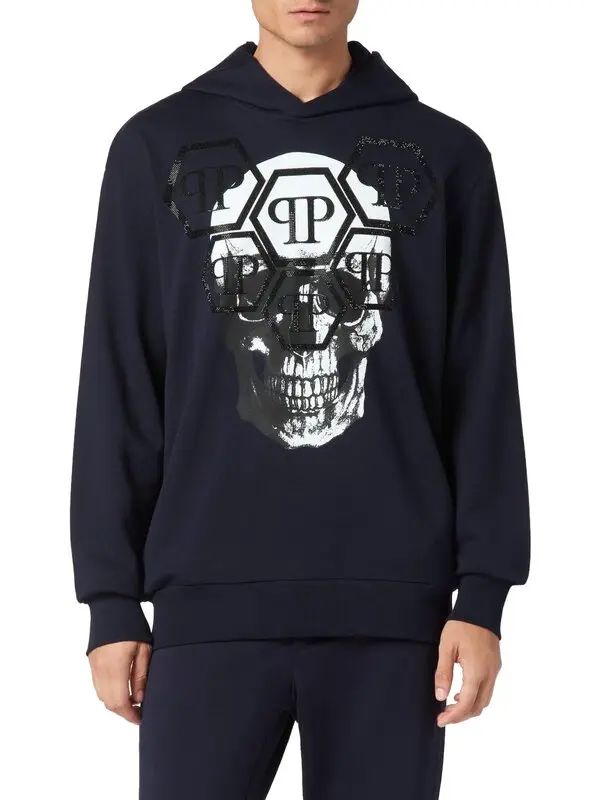 Philipp Plein Cotton Hoodie With Skull Print And Rhinestone Logo - Blue