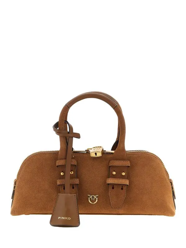 Pinko Suede Handbag With Padlock Detail - Brown