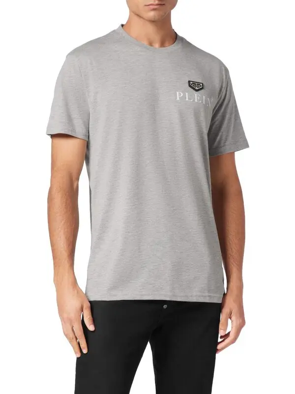 Philipp Plein Crew Neck T-shirt In Pure Cotton With Contrast Chest Logo - Grey